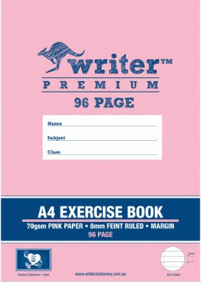 Writer Premium A4 96pg Exercise Book 8mm ruled + blue margin - Pink ...